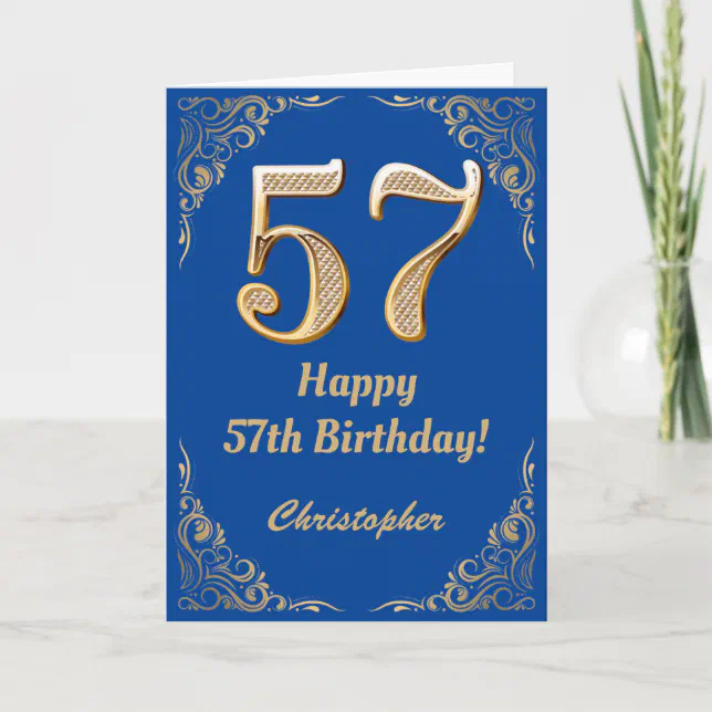 57th Birthday Blue and Gold Glitter Frame Card | Zazzle