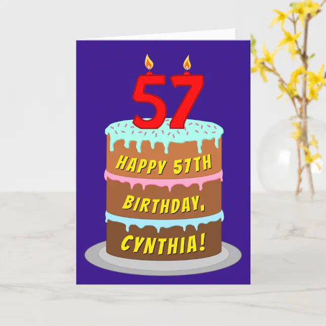 57th Birthday: Fun Cake and Candles + Custom Name Card | Zazzle