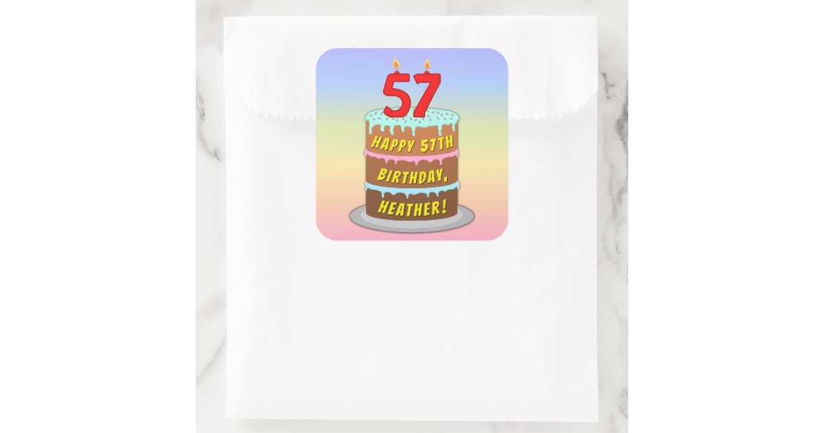 57th Birthday: Fun Cake and Candles + Custom Name Square Sticker | Zazzle