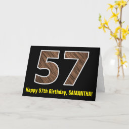57th Birthday: Name + Faux Wood Grain Pattern "57" Card | Zazzle