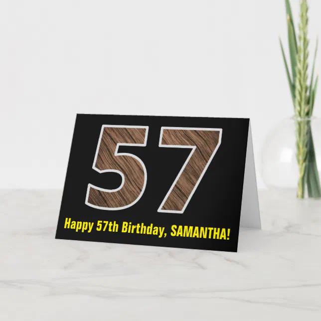 57th Birthday: Name + Faux Wood Grain Pattern "57" Card | Zazzle