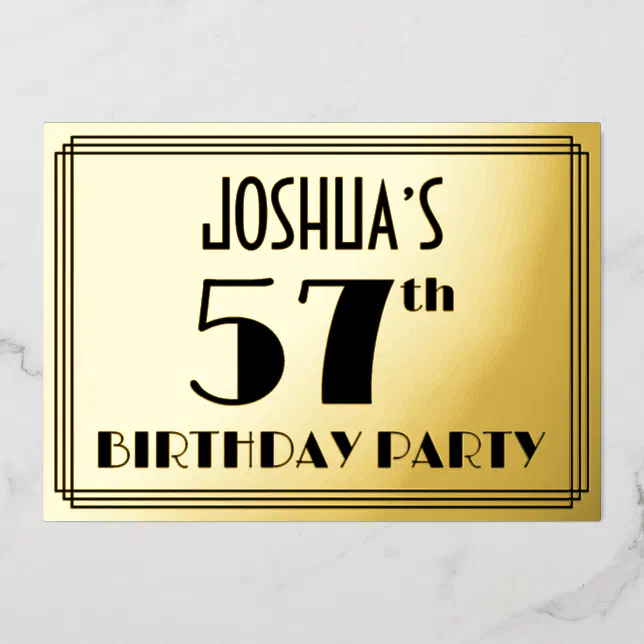 57th Birthday Party — Art Deco Look “57” + Name Foil Invitation | Zazzle