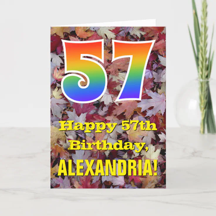 57th Birthday; Rustic Autumn Leaves Rainbow "57" Card | Zazzle
