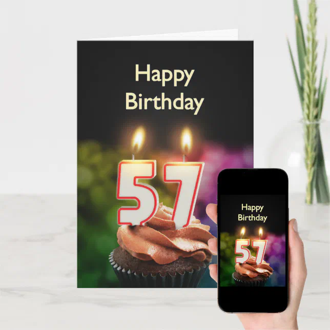 57th Birthday with cake and candles Card | Zazzle
