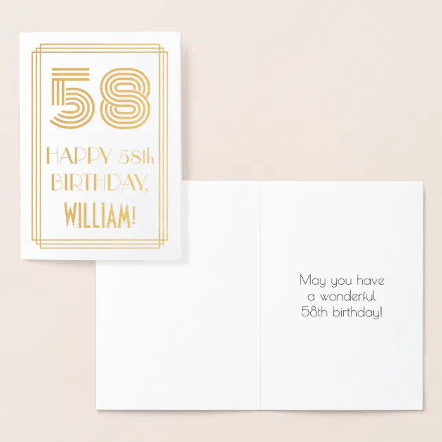 58th Birthday - Art Deco Inspired Look "58" & Name Foil Card | Zazzle
