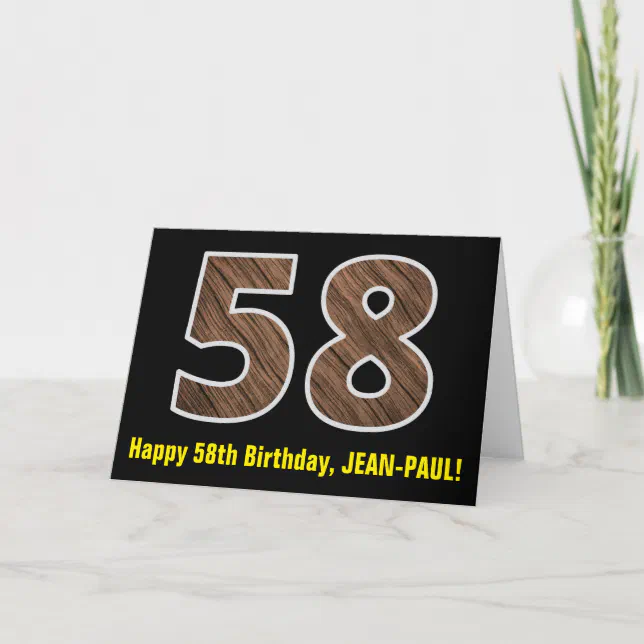 58th Birthday: Name + Faux Wood Grain Pattern "58" Card | Zazzle