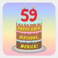 59th Birthday: Fun Cake and Candles + Custom Name Square Sticker | Zazzle