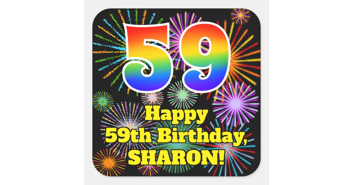 59th Birthday: Fun Fireworks Look, Rainbow # 59 Square Sticker | Zazzle