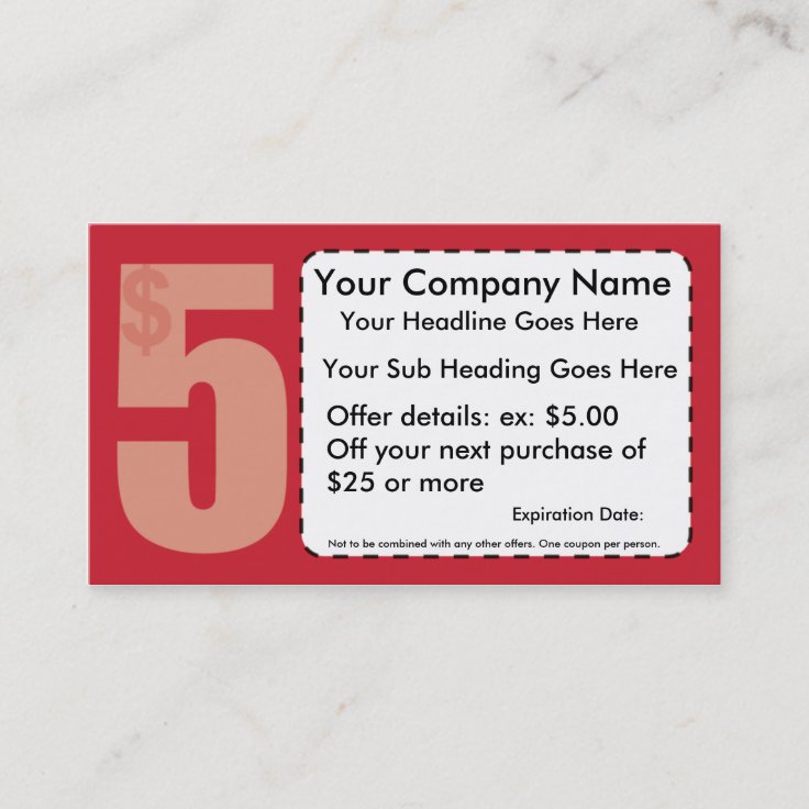 $5.00 Off Coupon Business Card | Zazzle