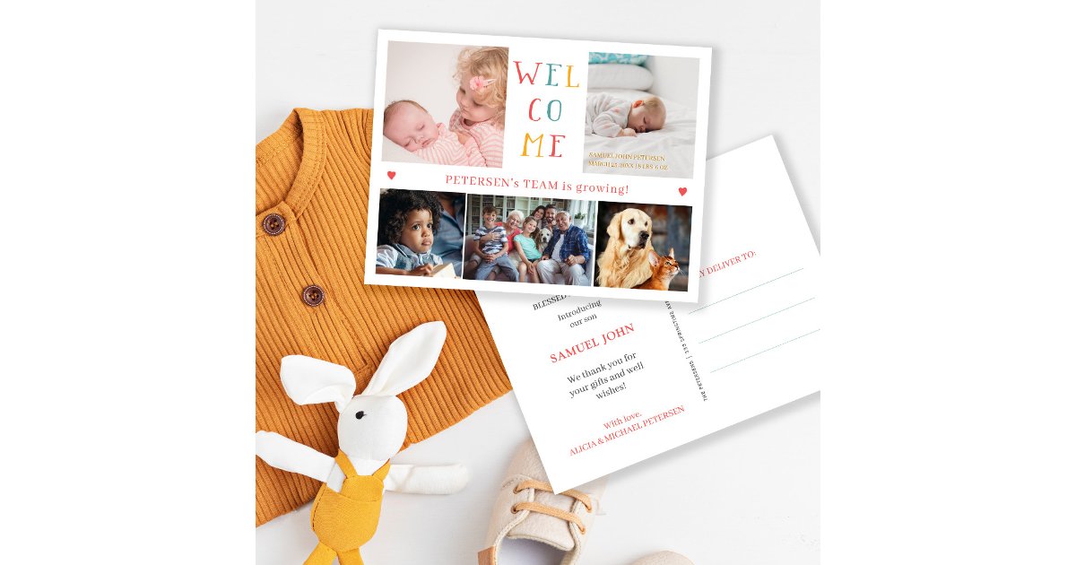5 family photo collage WELCOME new baby birth Announcement Postcard ...