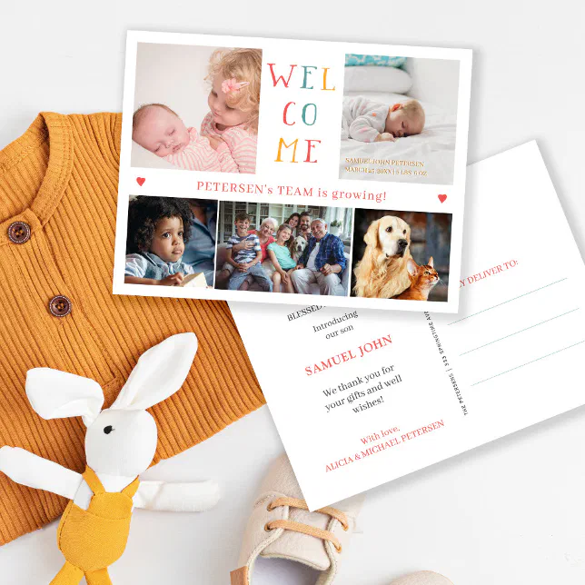 5 family photo collage WELCOME new baby birth Announcement Postcard ...