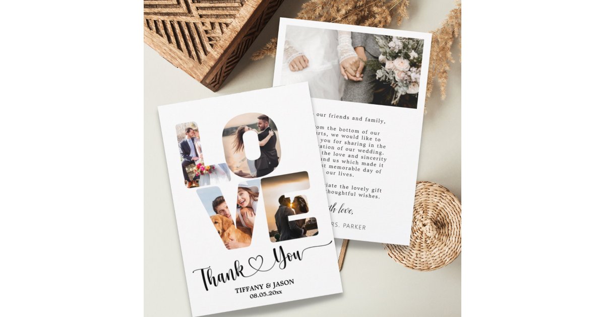 5 Photo Bold Letter Wedding Hand Lettered Heart Th Thank You Card | Zazzle