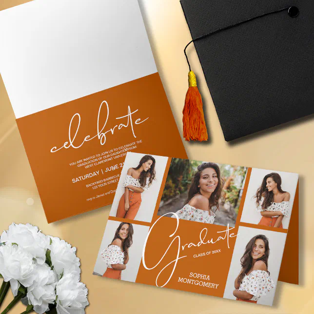 5 Photo Burnt Orange Graduation Invitation | Zazzle