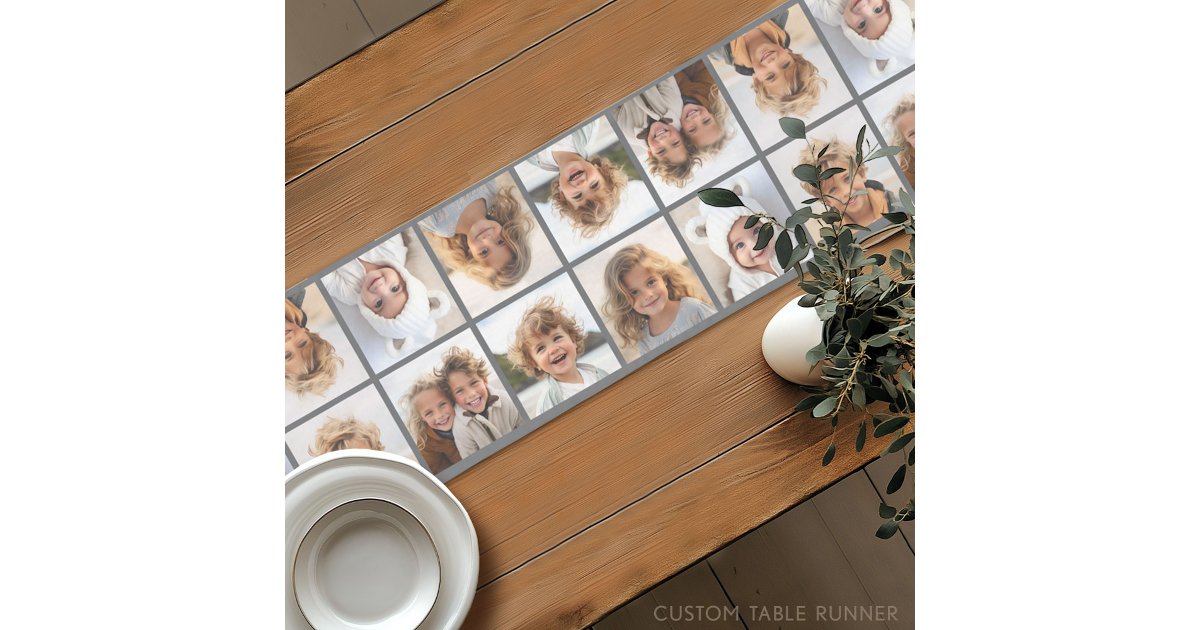 5 Photo Collage - Pics facing both ways - grey Short Table Runner | Zazzle