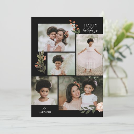 5 Photo Collage Terracotta Boho Floral Holiday Card | Zazzle