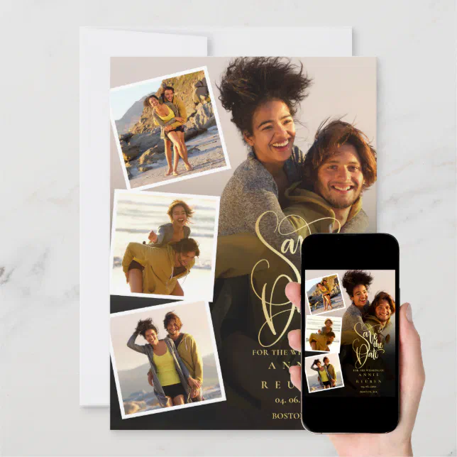 5 Photo Collage Wedding Gold Script QR Code Save The Date | Zazzle