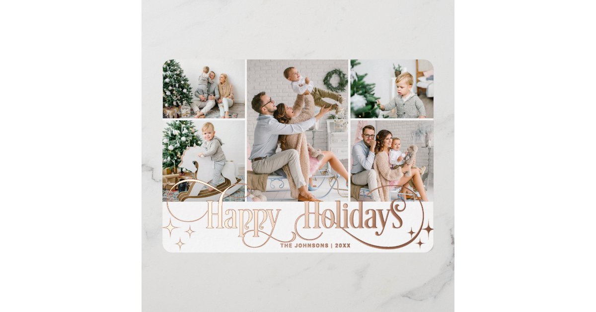 5 PHOTO Sparkle Merry Christmas Rose Gold Foil Holiday Card | Zazzle