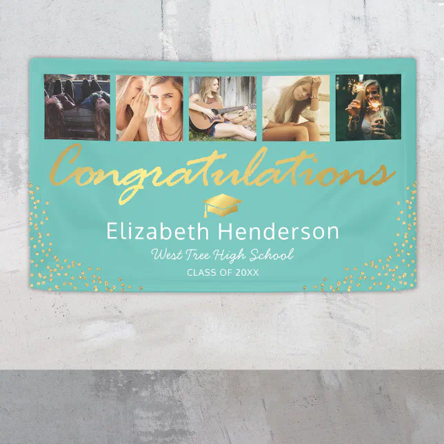 5 Photo Teal Gold Graduation Party Banner | Zazzle