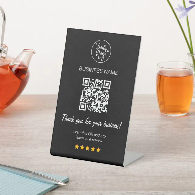 5 Star Review QR Code Business Reviews Black Pedestal Sign | Zazzle