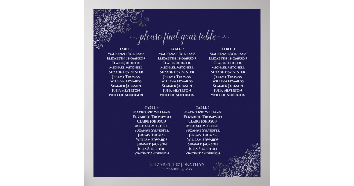 5 Table Navy Blue & Silver Wedding Seating Chart | Zazzle