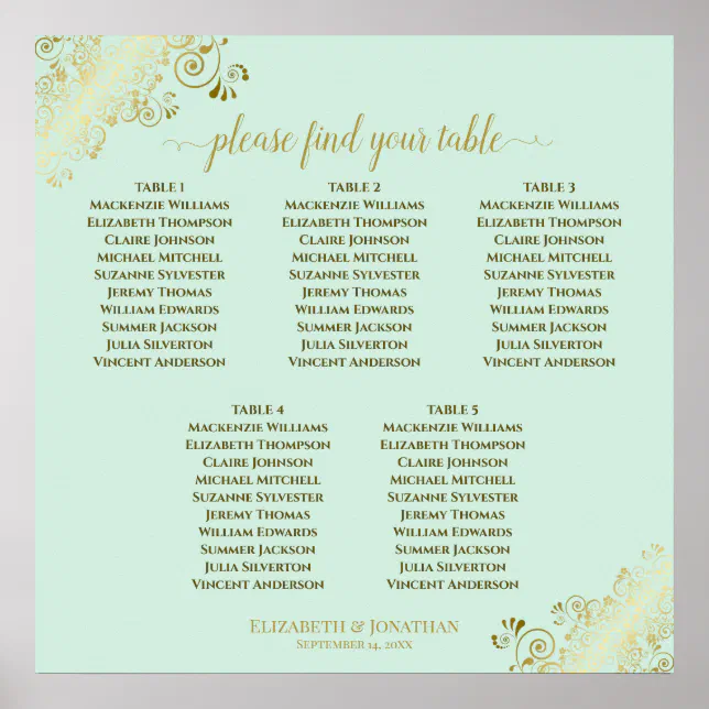 5 Table Neo Mint & Gold Wedding Seating Chart | Zazzle