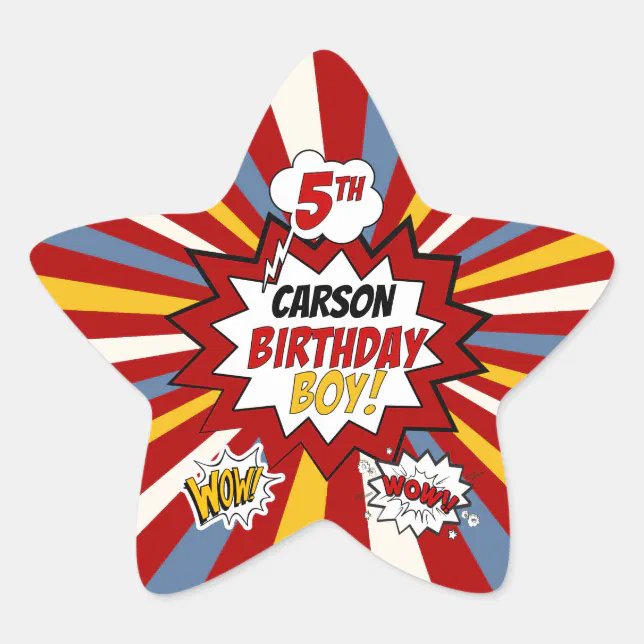 5th Birthday Boy Superhero Comic with Name Star Sticker | Zazzle
