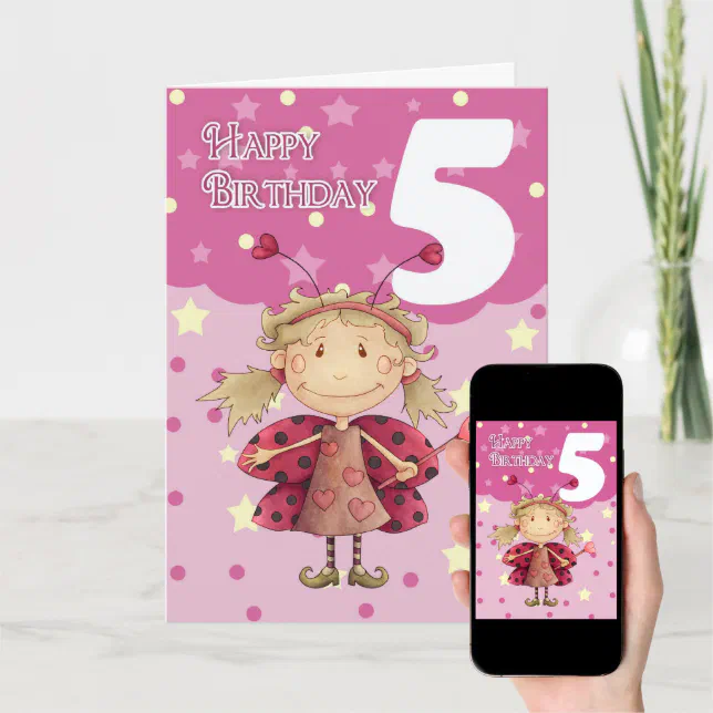 5th birthday card with cute ladybug fairy | Zazzle