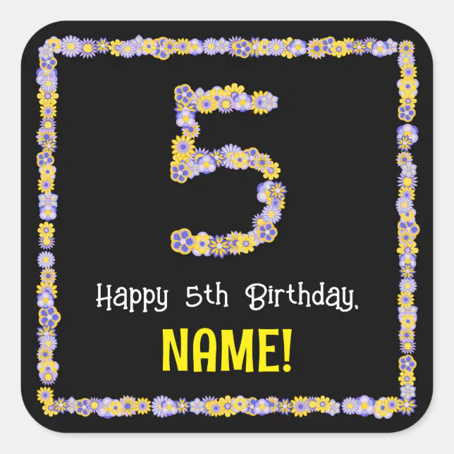 5th Birthday: Floral Flowers Number, Custom Name Square Sticker | Zazzle