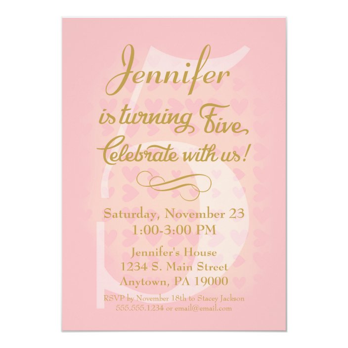 5th Birthday Invitation Girls Pink Gold Hearts | Zazzle.com