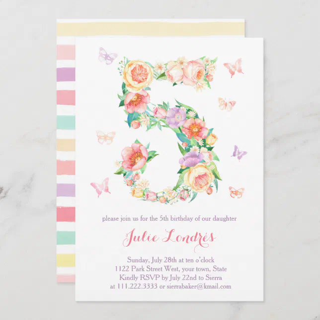 5th Birthday Invitations for Girl with Butterflies | Zazzle