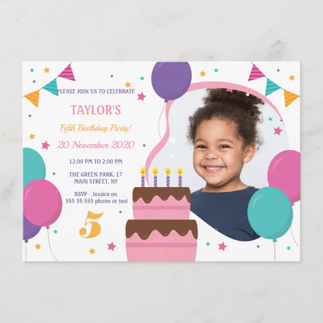 5th birthday party invitation with photo | Zazzle