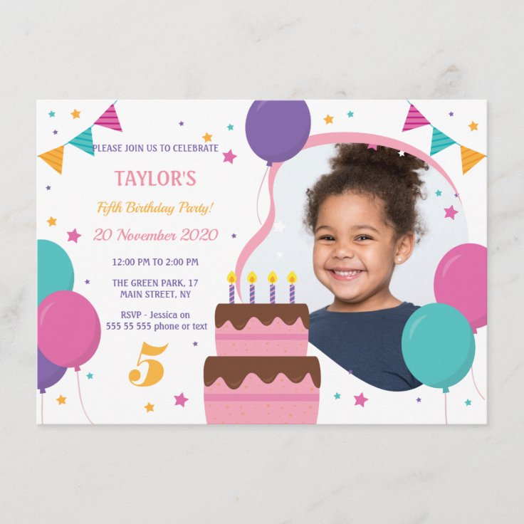 5th birthday party invitation with photo | Zazzle