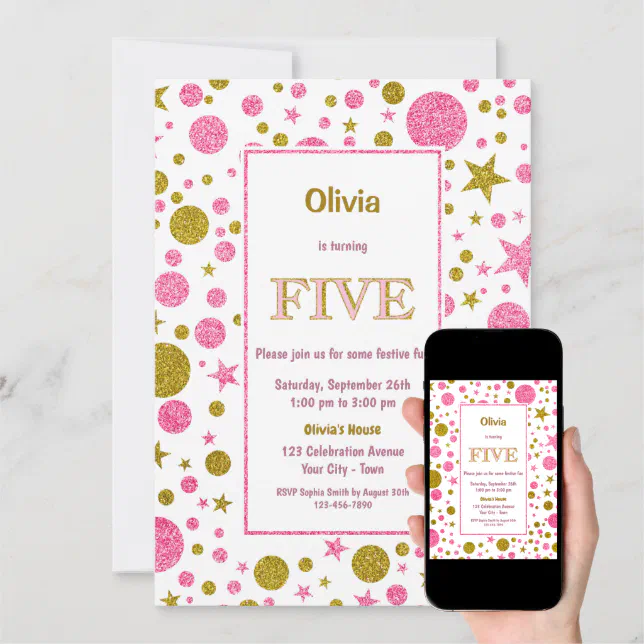 5th Birthday Pink and Gold Glitter Invitation | Zazzle