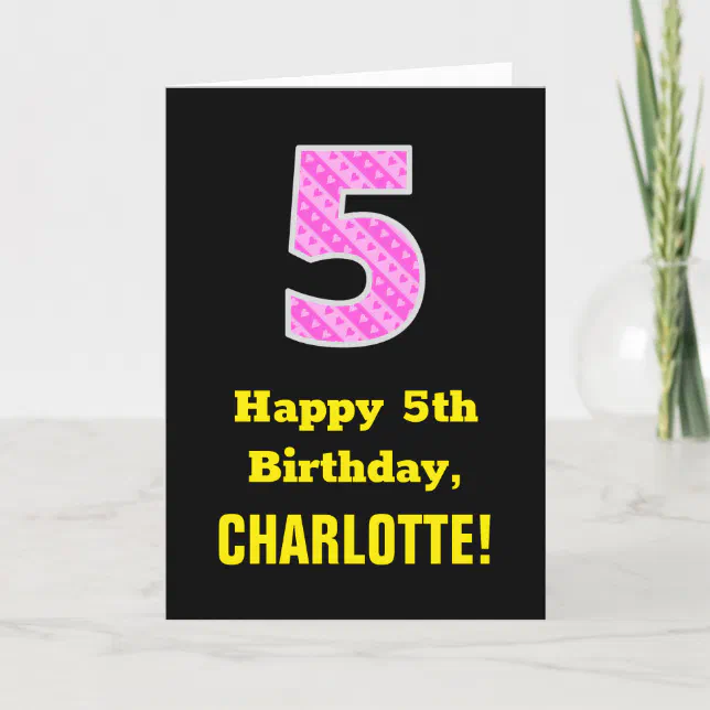 5th Birthday: Pink Stripes and Hearts "5" + Name Card | Zazzle