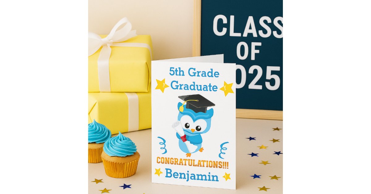 5th Grade Boy Graduation Blue Owl Congrats Card | Zazzle