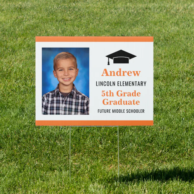 5th Grade Graduate Orange Custom Photo Graduation Sign | Zazzle