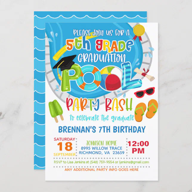 5th Grade Graduation Pool Party - Boy Invitation | Zazzle