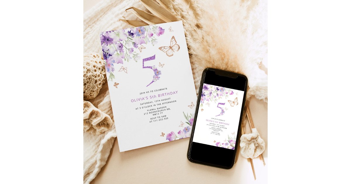 5th Purple Lilac Butterflies birthday Invitation | Zazzle