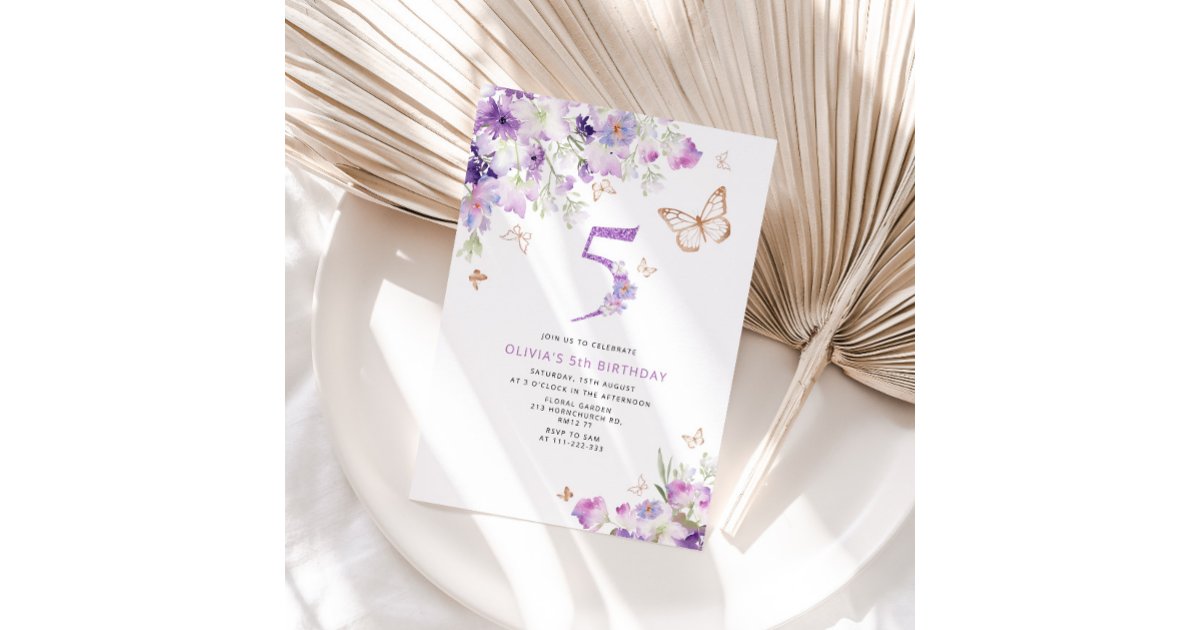 5th Purple Lilac Butterflies birthday Invitation | Zazzle