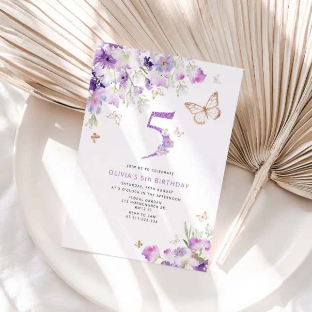 5th Purple Lilac Butterflies birthday Invitation | Zazzle