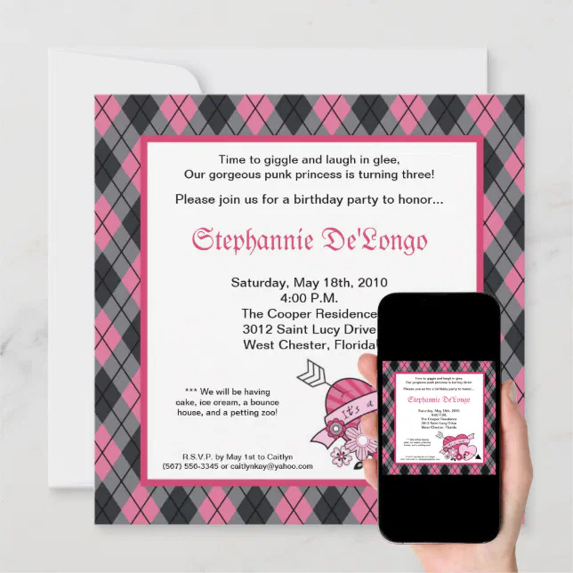 5x5 Punk EMO Rock Argyle Birthday Party Invitation | Zazzle