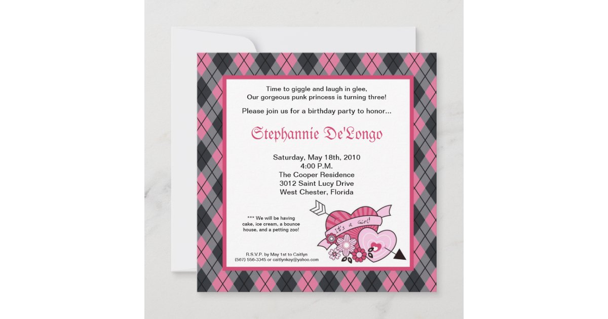 5x5 Punk EMO Rock Argyle Birthday Party Invitation | Zazzle