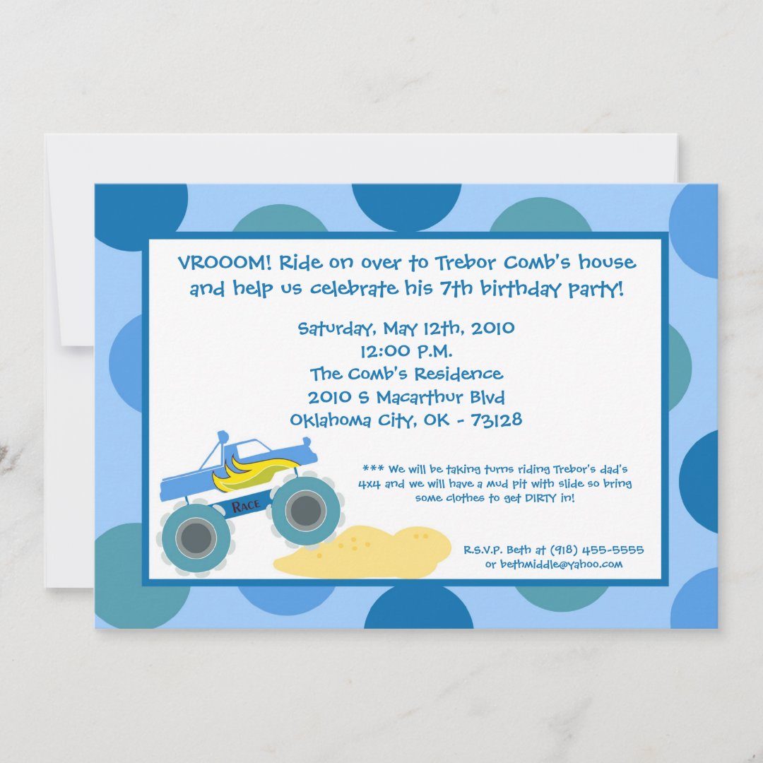 5x7 4x4 ATV Monster Truc Birthday Party Invitation | Zazzle