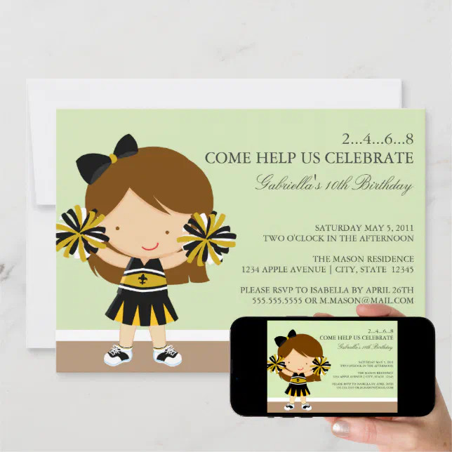 5x7 Black/Gold Cheerleader Birthday Party Invite | Zazzle