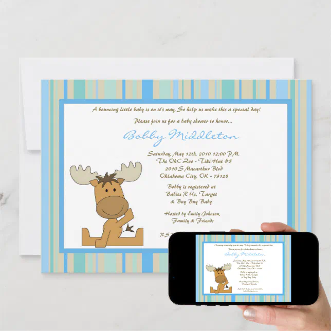 5x7 Blue Boy Woodland Moose Baby Shower Invitation | Zazzle