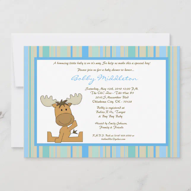 5x7 Blue Boy Woodland Moose Baby Shower Invitation | Zazzle