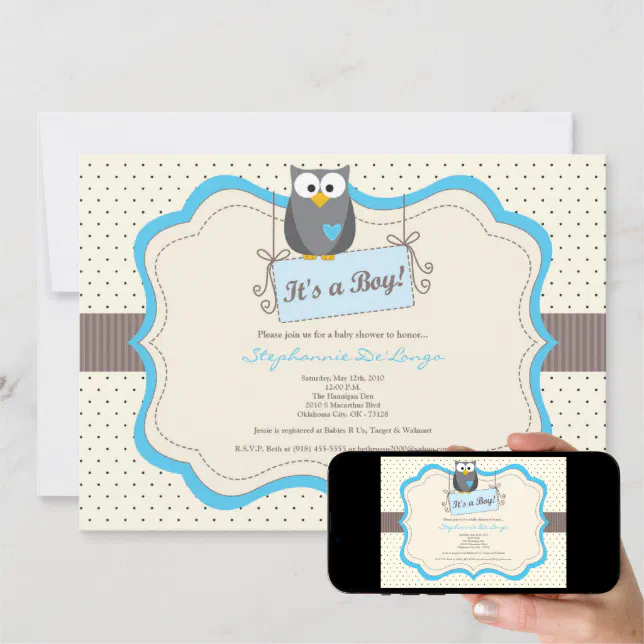5x7 Blue Hoot Owl Woodland Baby Shower Invitation | Zazzle