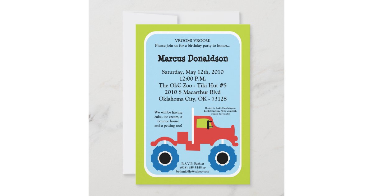 5x7 Boy Monster Truck Birthday Party Invitation | Zazzle