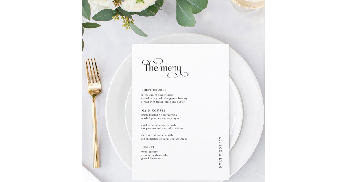 5x7" Classic Wedding Table Menu Cards Flat Menu | Zazzle