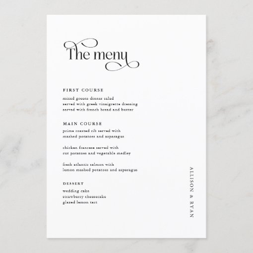 5x7" Classic Wedding Table Menu Cards Flat Menu | Zazzle
